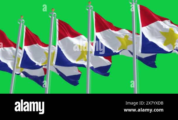 Flags of Saba waving in the wind isolated on green background. Seamless 3D render animation ...