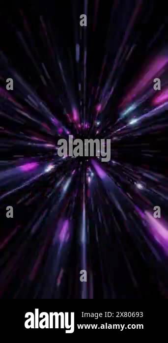 Vertical video - glowing neon colored blue pink stars in space background. Flying through a ...