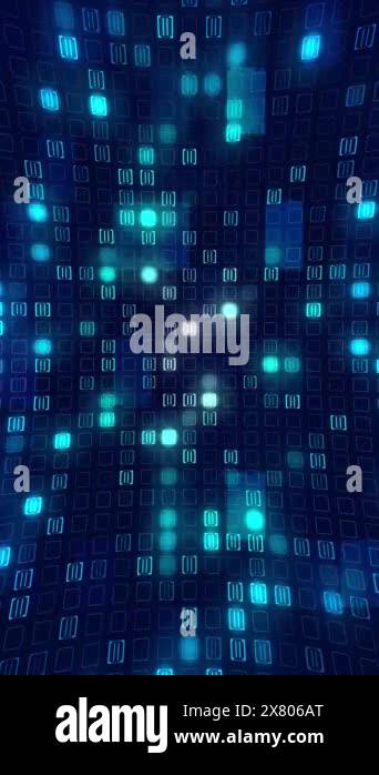 Vertical video - glowing blue digital data lights blinking and flashing background. HD looping ...
