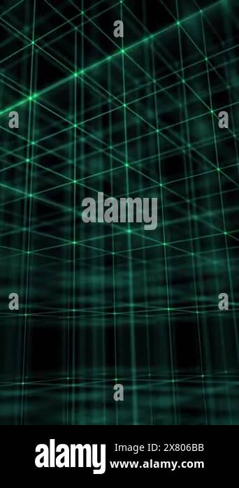 Vertical video - a glowing green cubic grid of digital data nodes and ...