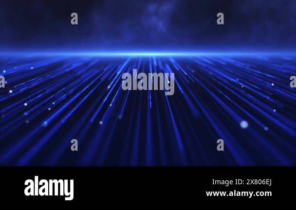 A stream of flowing blue digital fiber optic light data node particles ...