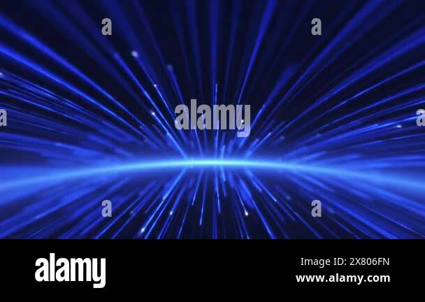 A stream of flowing blue digital fiber optic light data node particles ...