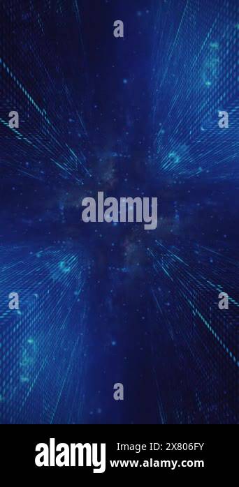 Vertical video - a glowing blue grid network of blinking digital data ...