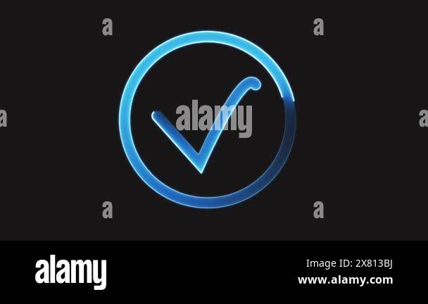 A glowing blue check mark inside a circle on a black background Stock ...