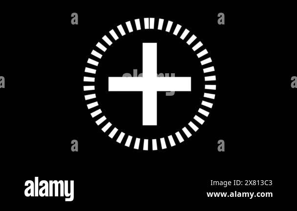 A white plus sign inside a circle of white dashes on a black background ...