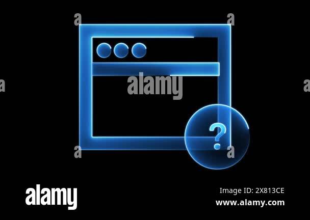 A glowing blue neon icon of a web browser window with a question mark ...