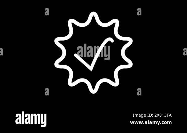 A white check mark inside a wavy-edged circle on a black background ...