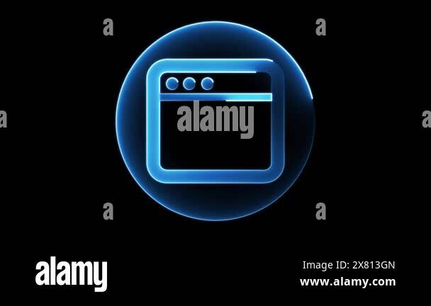A glowing blue neon icon of a web browser window on a black background ...