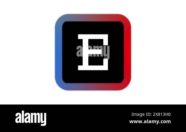 A white letter 'E' inside a white square border on a black background ...