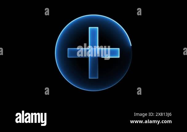 A glowing blue plus sign inside a circular border on a black background ...