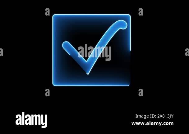 A glowing blue check mark inside a square on a black background ...