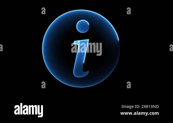 A glowing blue information icon on a black background. The icon ...
