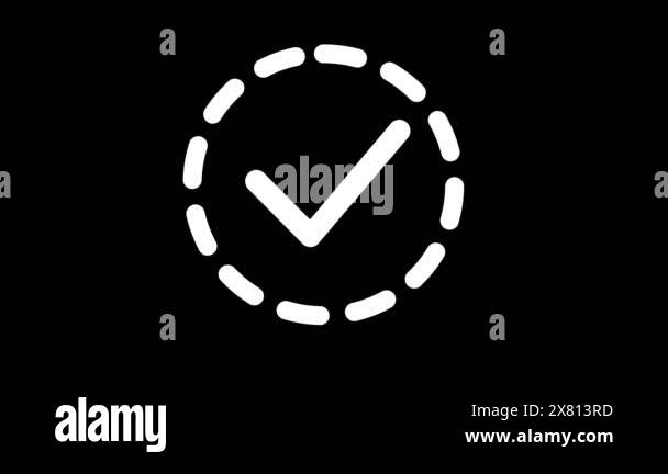 A white check mark inside a dashed circle on a black background ...