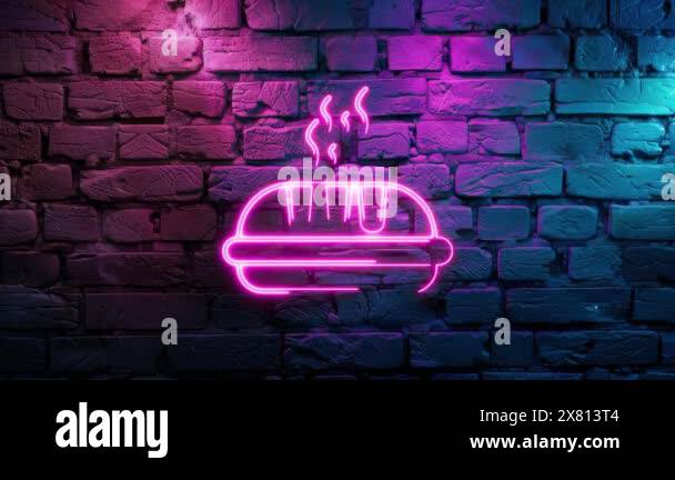 Video footage of Pink glowing Hot Bread Icon neon icon on brick wall ...
