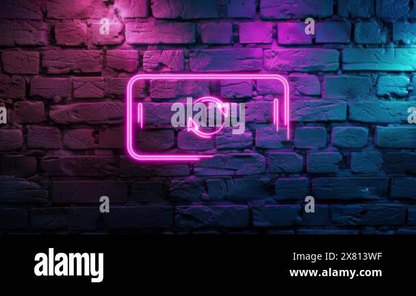 Video footage of Pink glowing Rotate smartphone Icon neon icon on brick ...