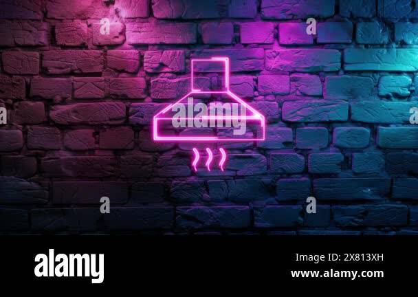 Video footage of Pink glowing Kitchen hood Icon neon icon on brick wall ...