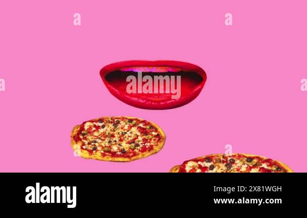 Female mouth with red lipstick eating pizza on pink background. Stop motion, animation. Fast ...