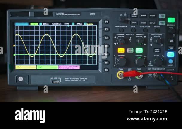 A hand interacts with a digital oscilloscope, adjusting settings and ...