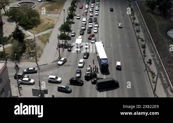 A truck and a car collided on the highway. Serious accident. Traffic ...