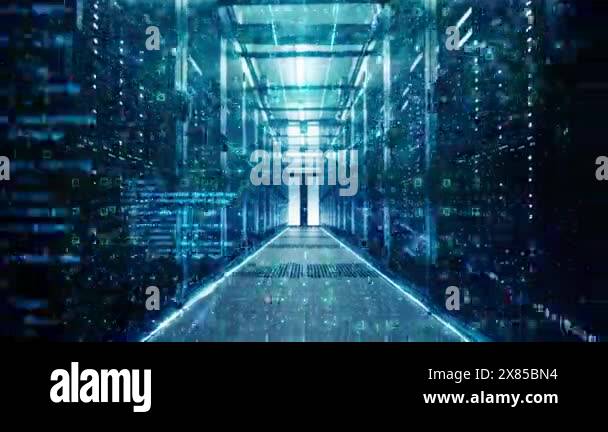 Network and data servers behind glass panels in a server room of a data ...