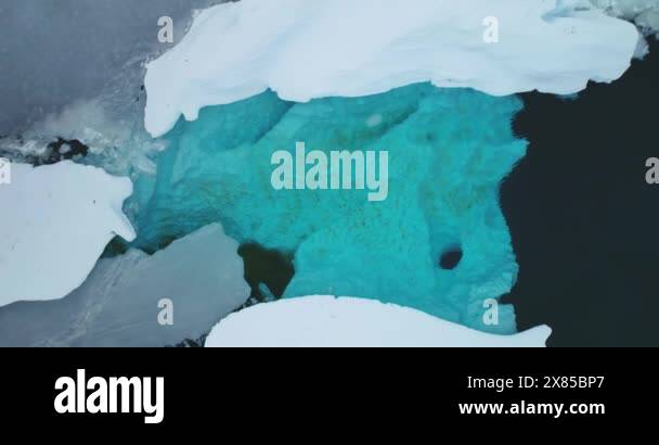 Antarctica blue water melting ice floe drift polar ocean. Aerial top ...