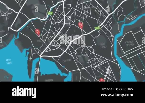 City map animation with minimalist road, urban silhouette beach detail ...