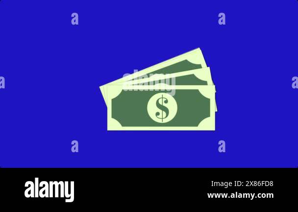 US dollar bill green illustration fan 2d animation blue background ...