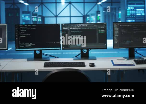 Computers in empty high tech data center establishment monitoring ...