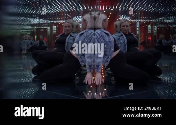 Confident Female Person Moving Inside Hall of Mirrors Seeing Self ...