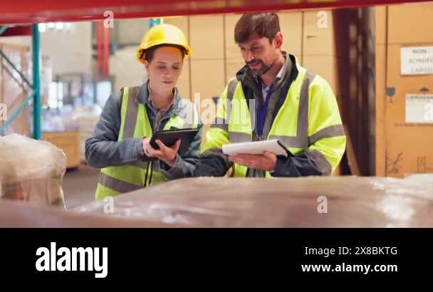 People, factory and inventory inspection with tablet or shipping ...