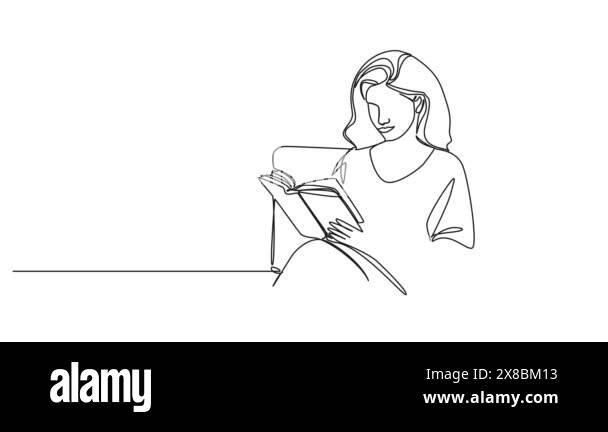 animated continuous single line drawing of woman reading a novel, line ...