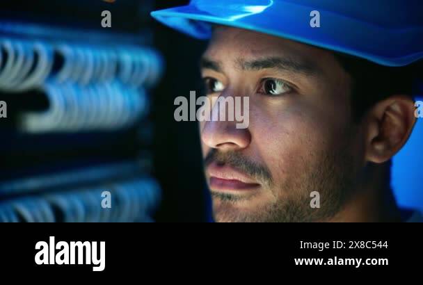 Man, server room and cables for connection with information technology ...