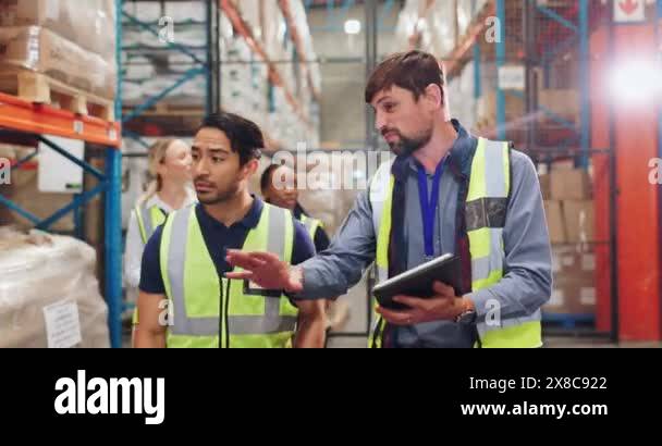 Warehouse, tablet and inspection by team for inventory, supply chain ...
