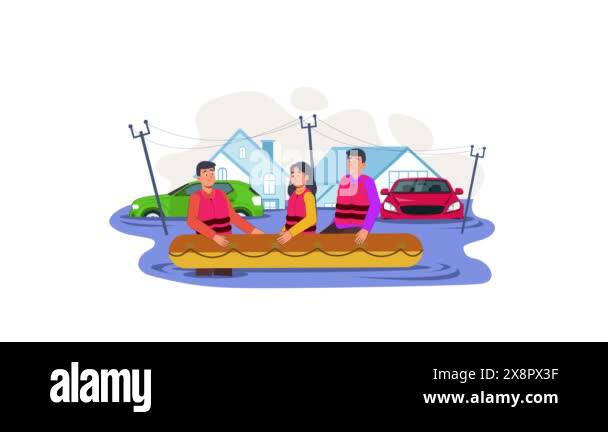 Volunteers on rescue boats help people at home. Emergency. People ...