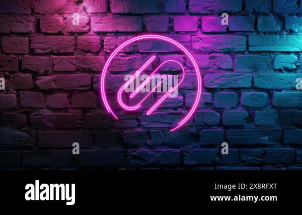 Video footage of Pink glowing Paper clip Icon neon icon on brick wall ...