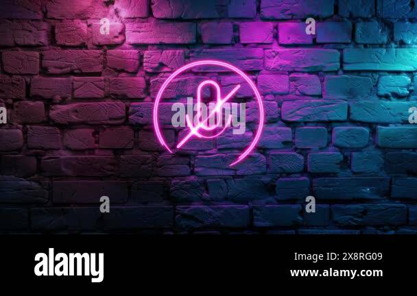 Video footage of Pink glowing Mute Microphone Icon neon icon on brick ...