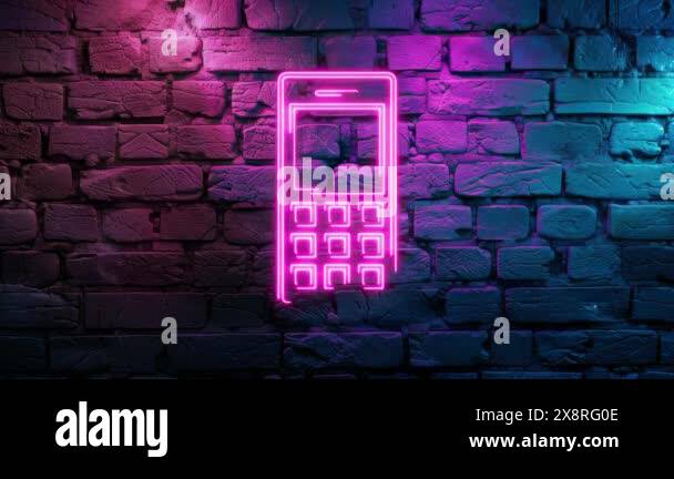 Video footage of Pink glowing Old mobile phone Icon neon icon on brick ...