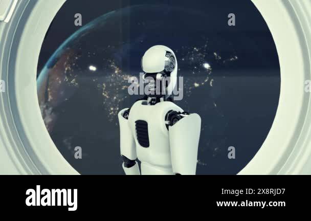 MLP Futuristic robot, artificial intelligence CGI inside spaceship in space universe overlooking ...