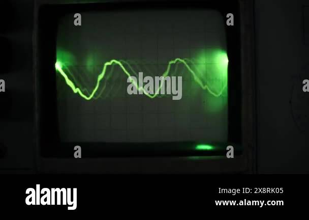 A close-up view of a vintage oscilloscope screen with a dynamic green ...