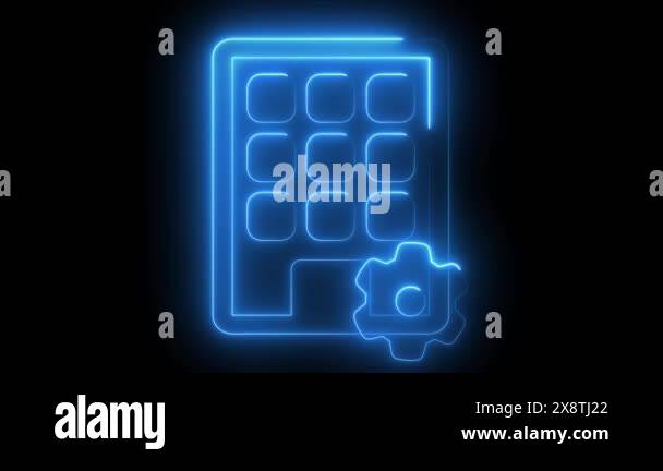 A glowing blue neon icon of a tablet with a grid of squares and a gear ...