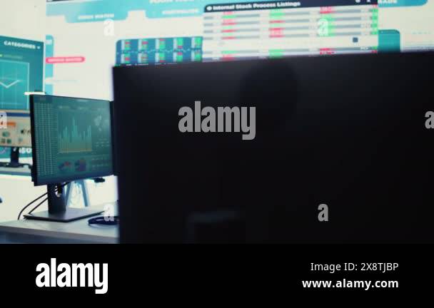 Multinational company headquarters office with a big data screen ...