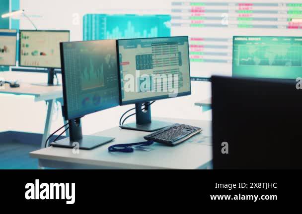 Multinational company headquarters office with a big data screen ...