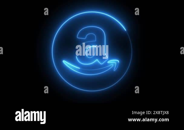 A glowing blue neon Amazon logo on a black background. The logo ...