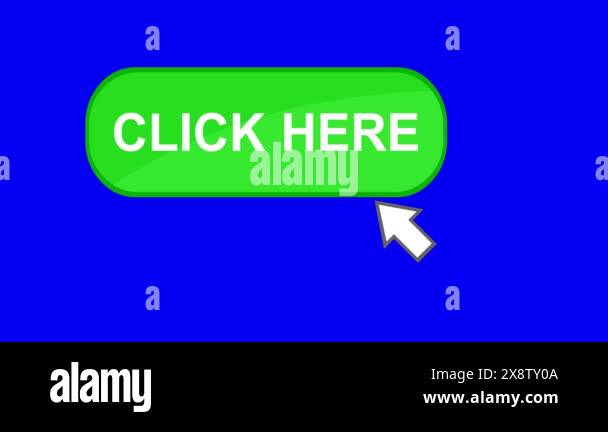 video animation mouse cursor clicking on button click here text, on a blue chroma key background ...