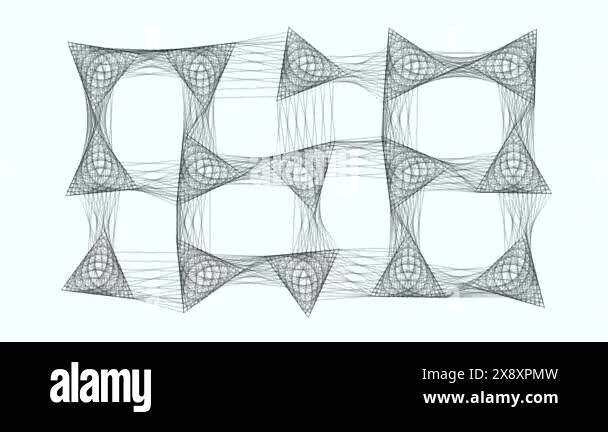 A series of animated geometric patterns with rotating lines and shapes ...