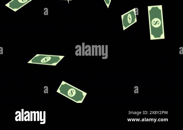 Green US dollar bills falling down illustration 2d animation black ...