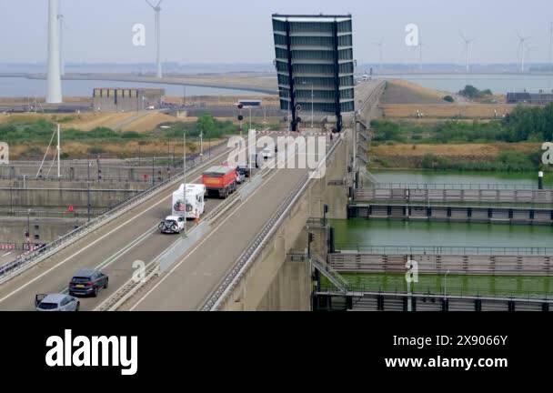 Deck of a bascule bridge returns to its horizontal position at the ...
