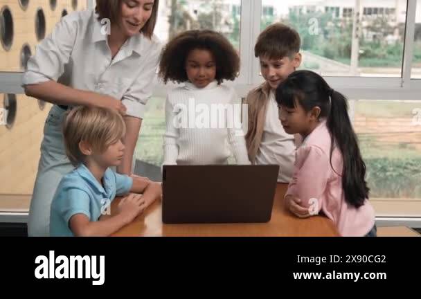 Group of diverse student and teacher celebrate successful project ...