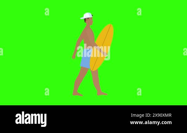 Man character walking with surfboard on the hand, chroma key animation ...