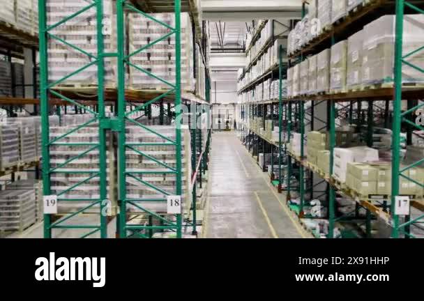 Warehouse aisle with shelves of goods, A warehouse aisle lined with ...